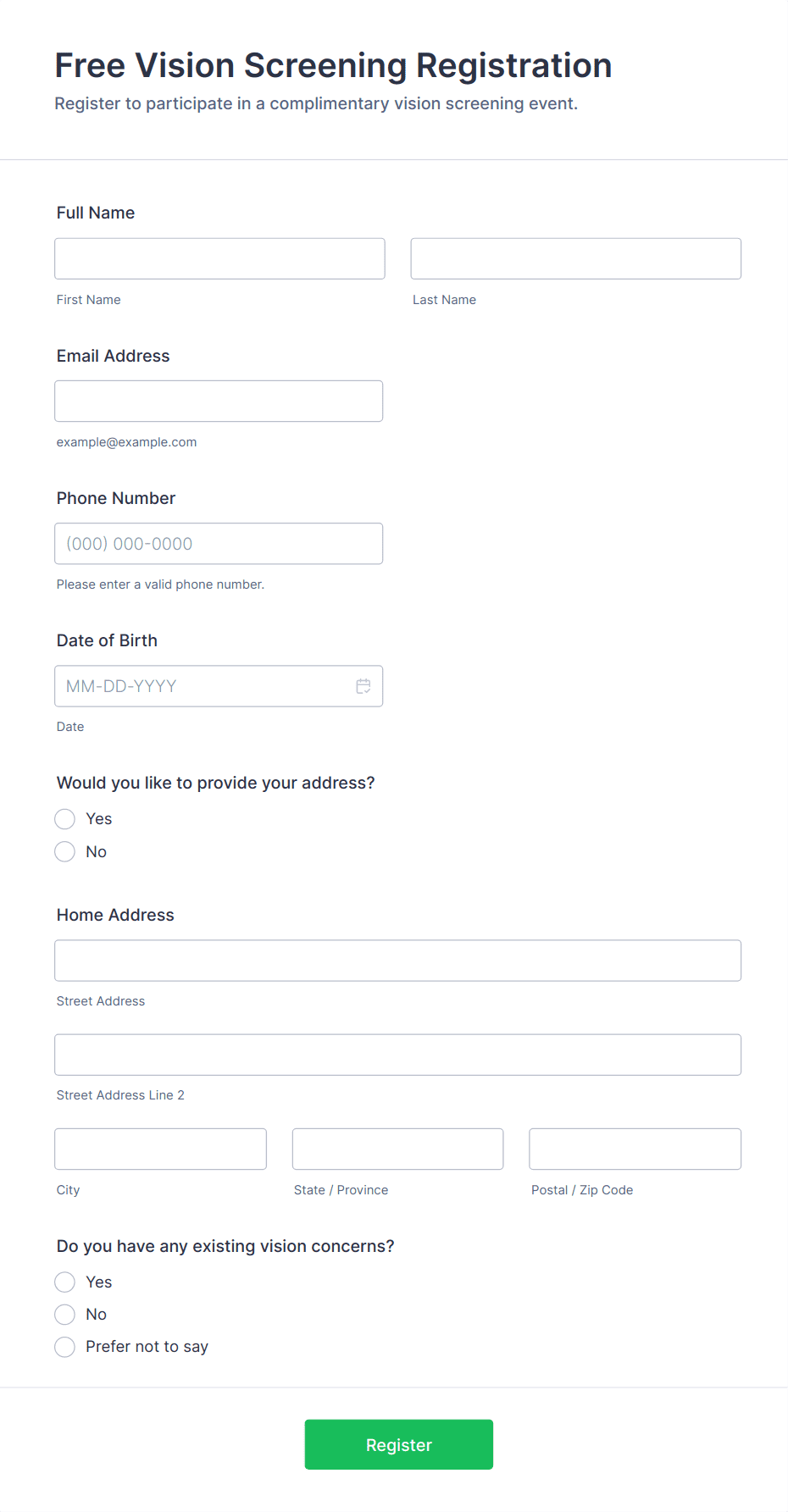 Free Vision Screening Registration Form Template | Jotform