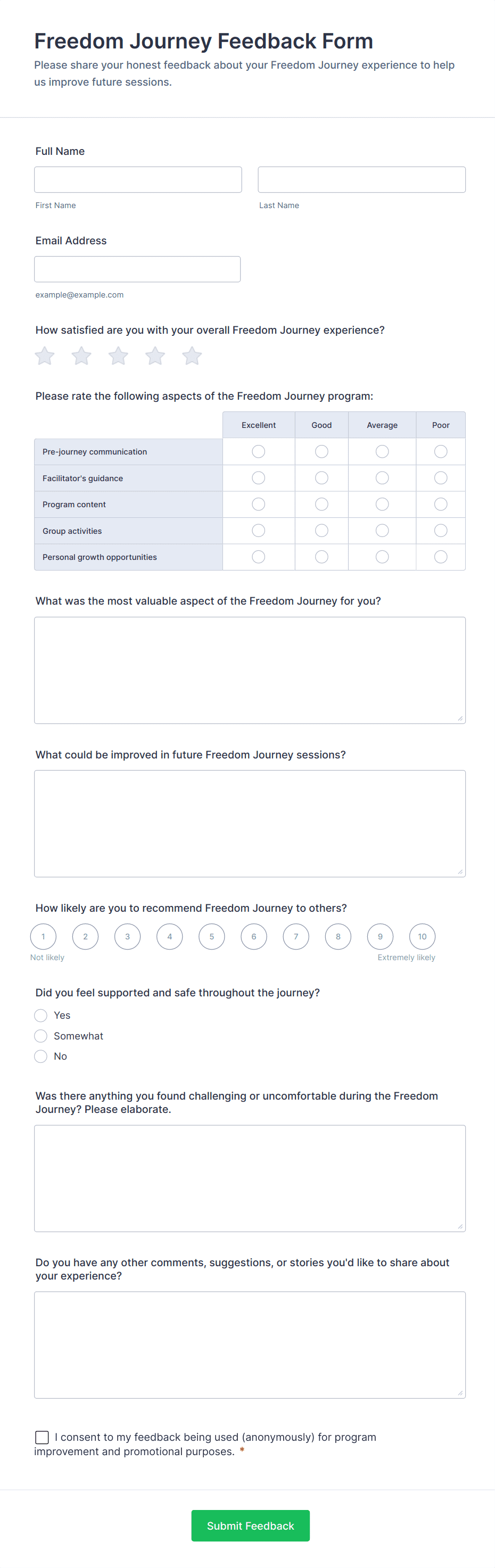 Freedom Journey Feedback Form Template | Jotform