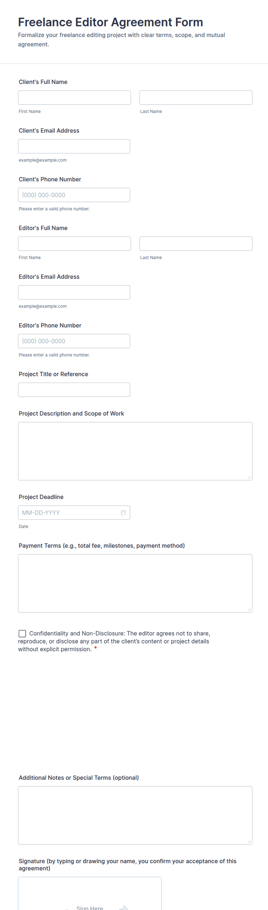 Freelance Editor Agreement Form Template | Jotform