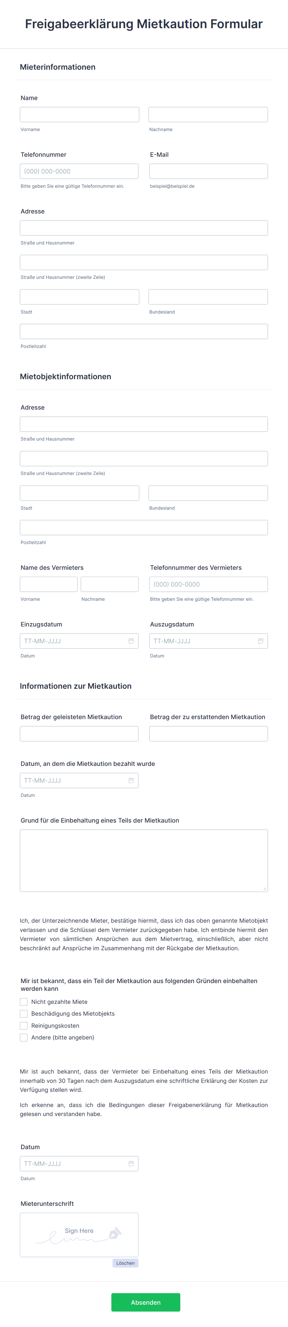 Freigabeerklärung Mietkaution Formular Formularvorlage | Jotform
