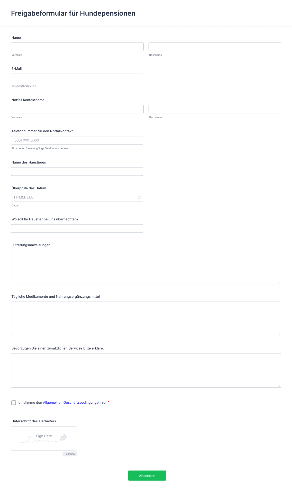 Freigabeformular für Hundepensionen Formularvorlage | Jotform