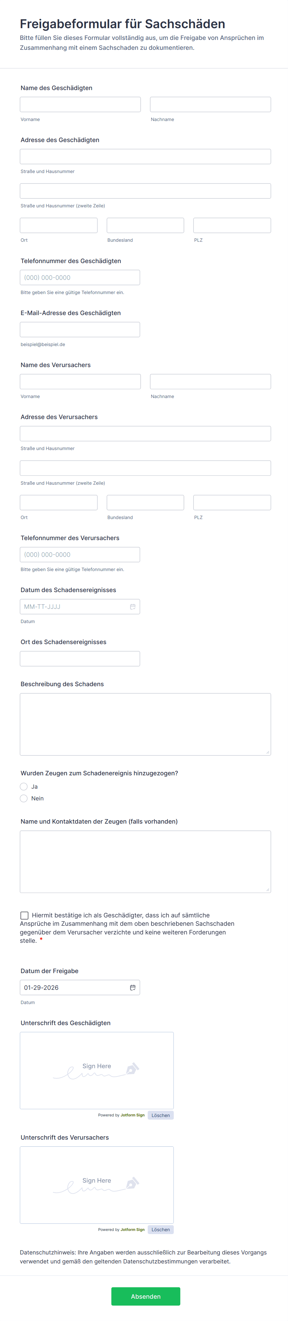 Freigabeformular für Sachschäden | Jotform