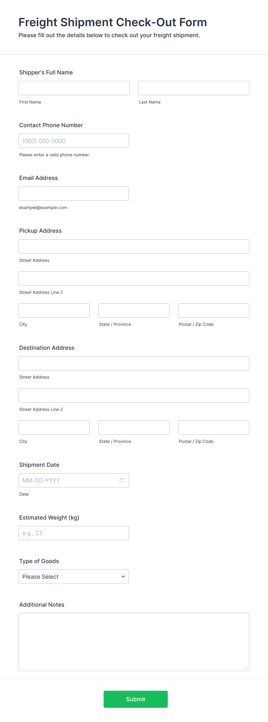 Freight Shipment Check-Out Form Template | Jotform