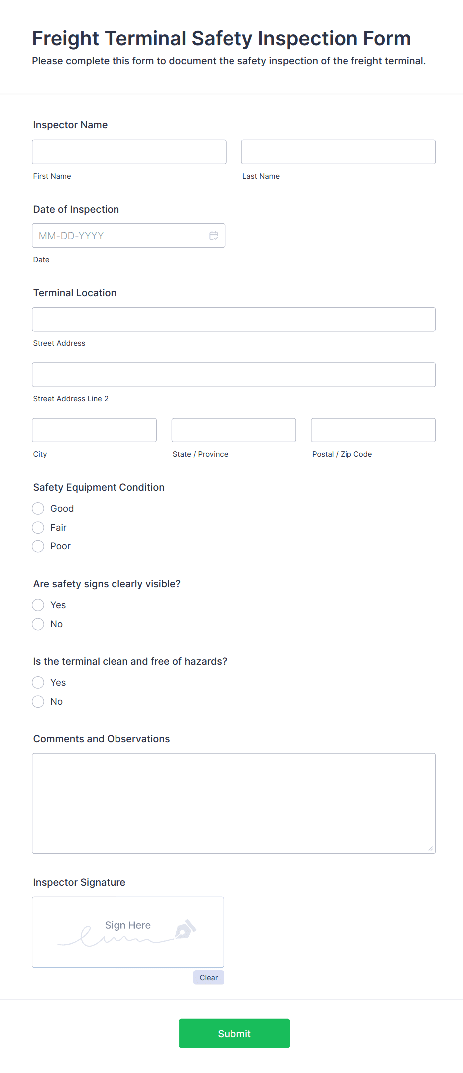 Freight Terminal Safety Inspection Form Template | Jotform