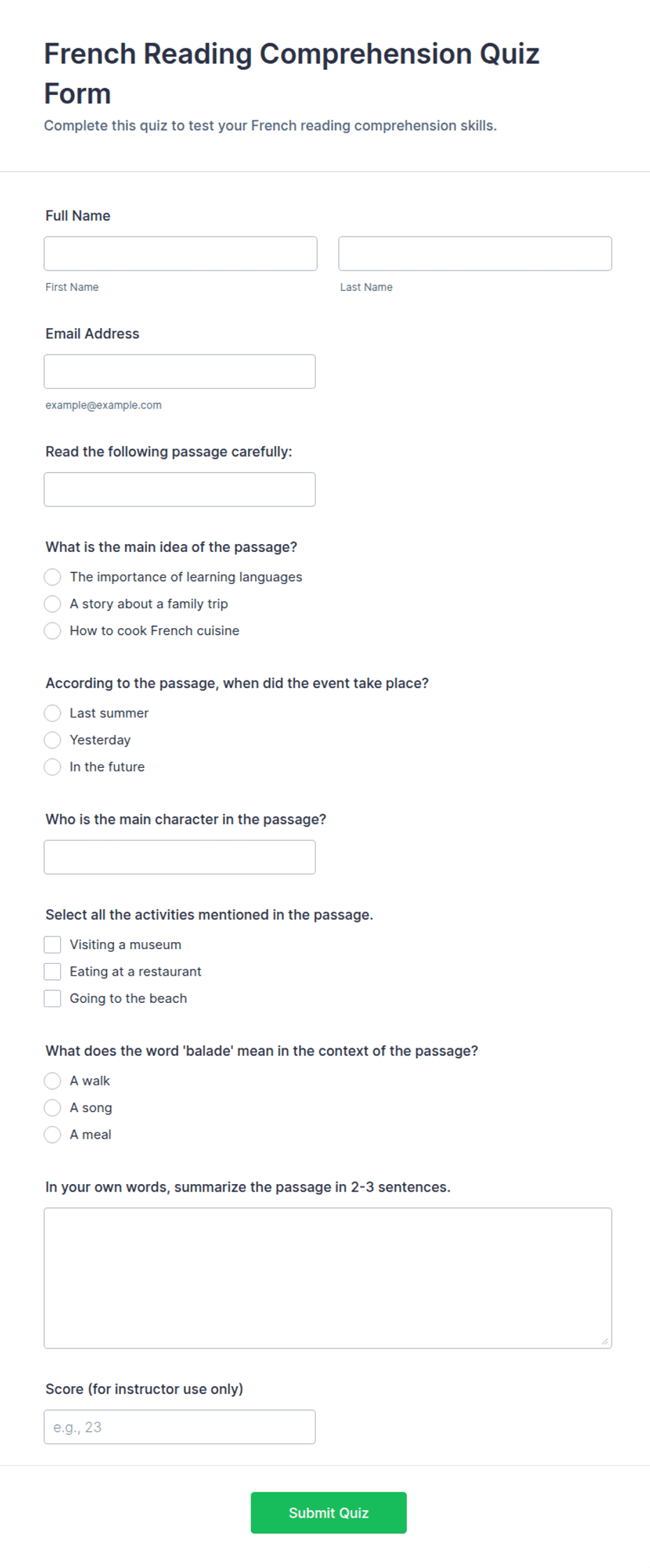 French Reading Comprehension Quiz Form Template | Jotform