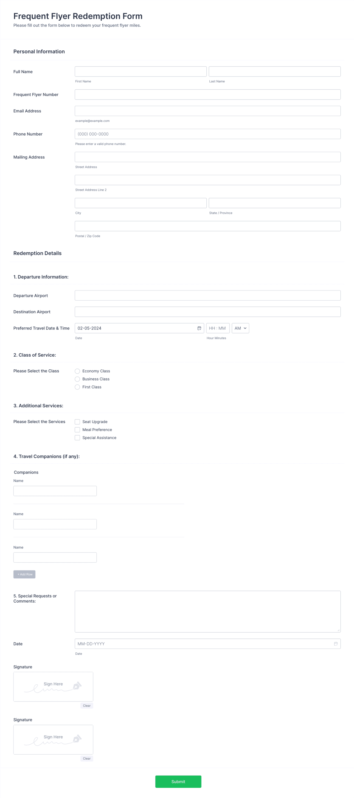 Frequent Flyer Redemption Form Template | Jotform