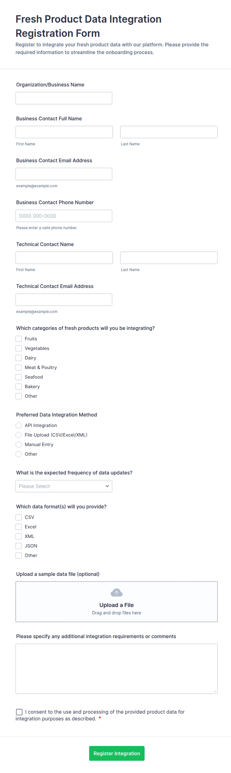 Fresh Product Data Integration Registration Form Template | Jotform