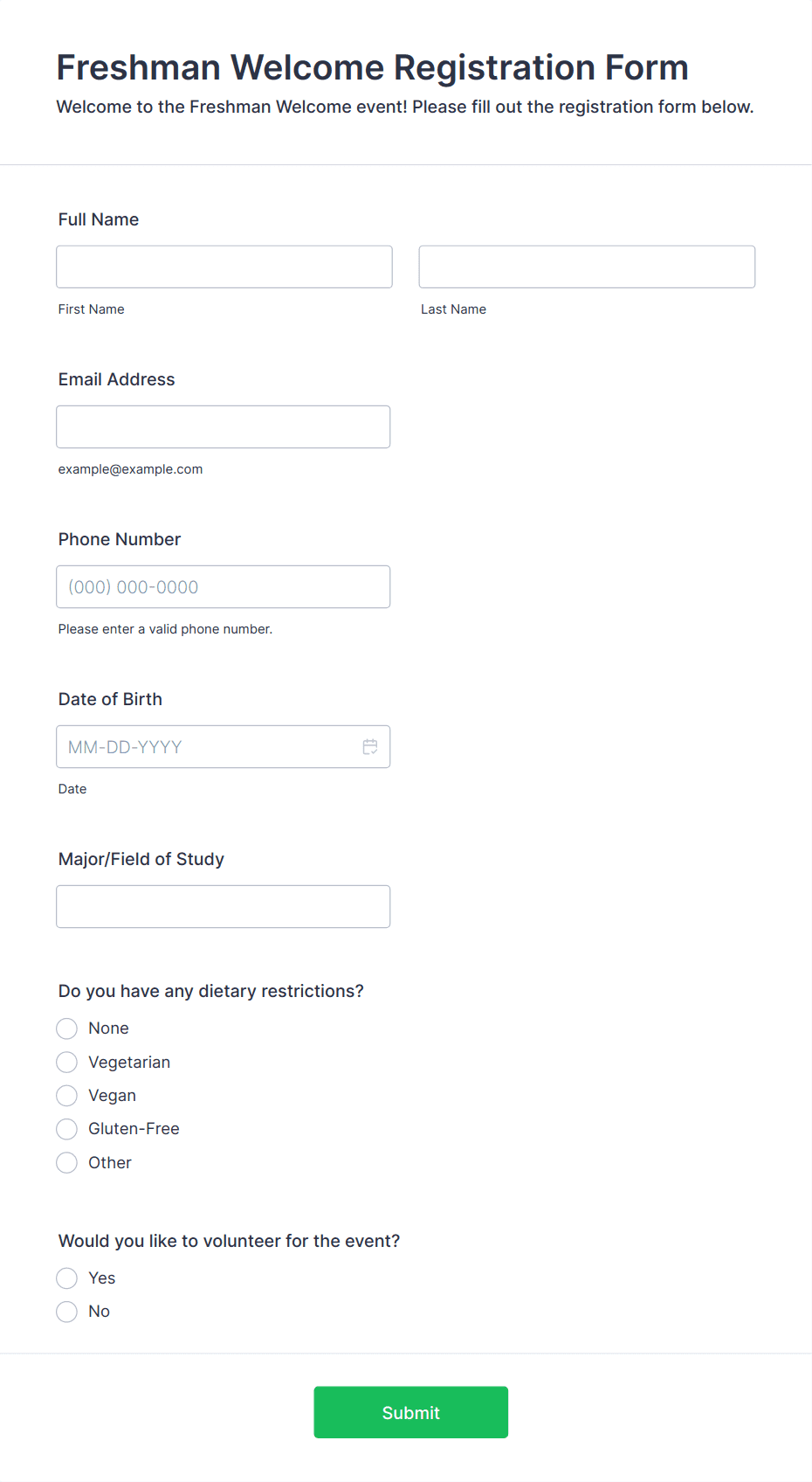 Freshman Welcome Registration Form Template | Jotform