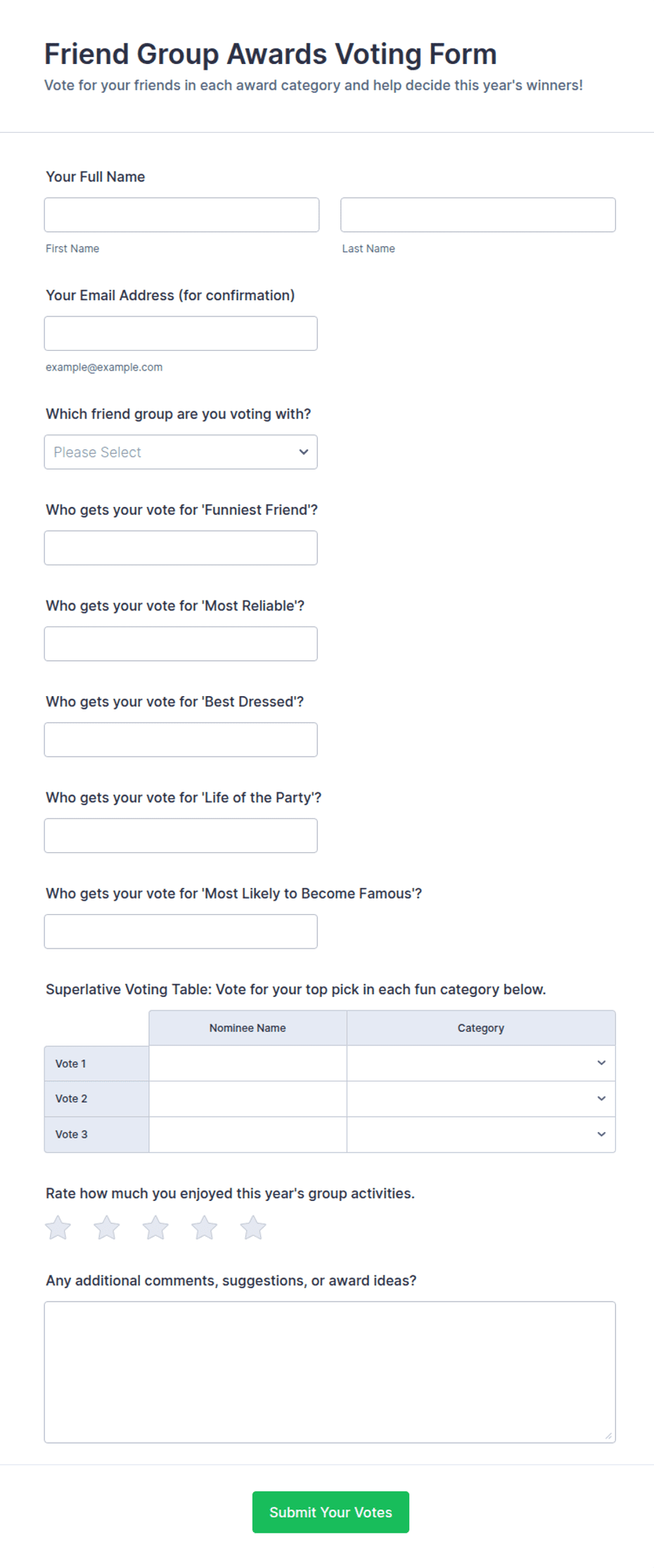 Friend Group Awards Voting Form Template | Jotform