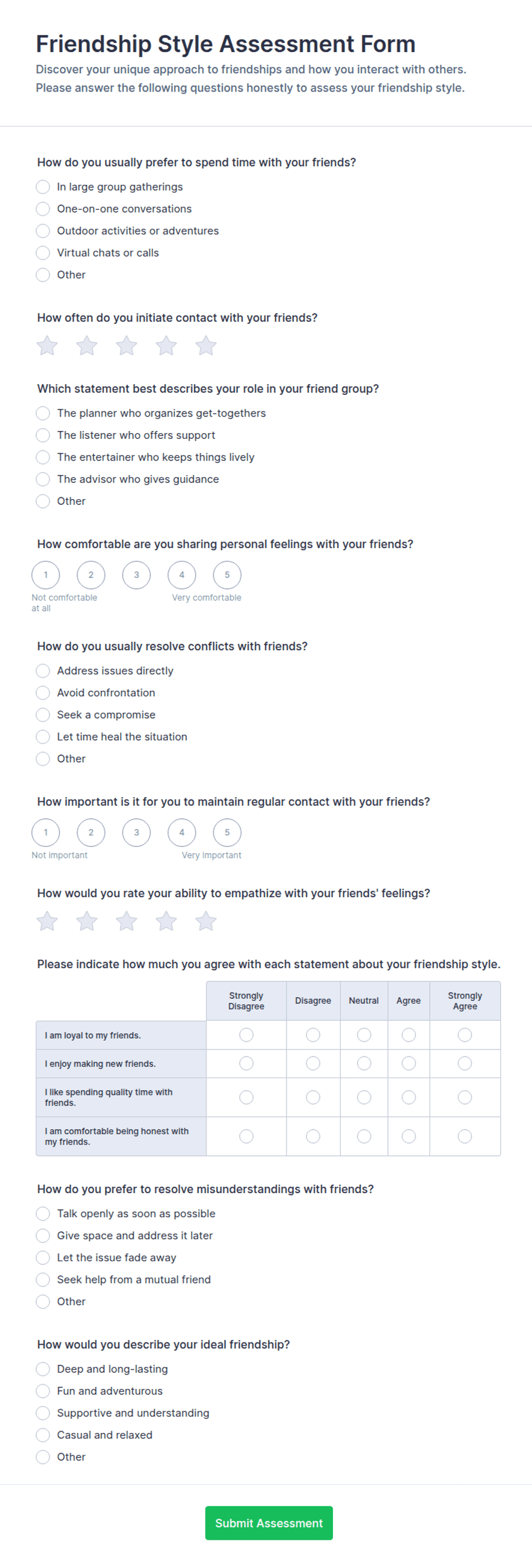 Friendship Style Assessment Form Template | Jotform