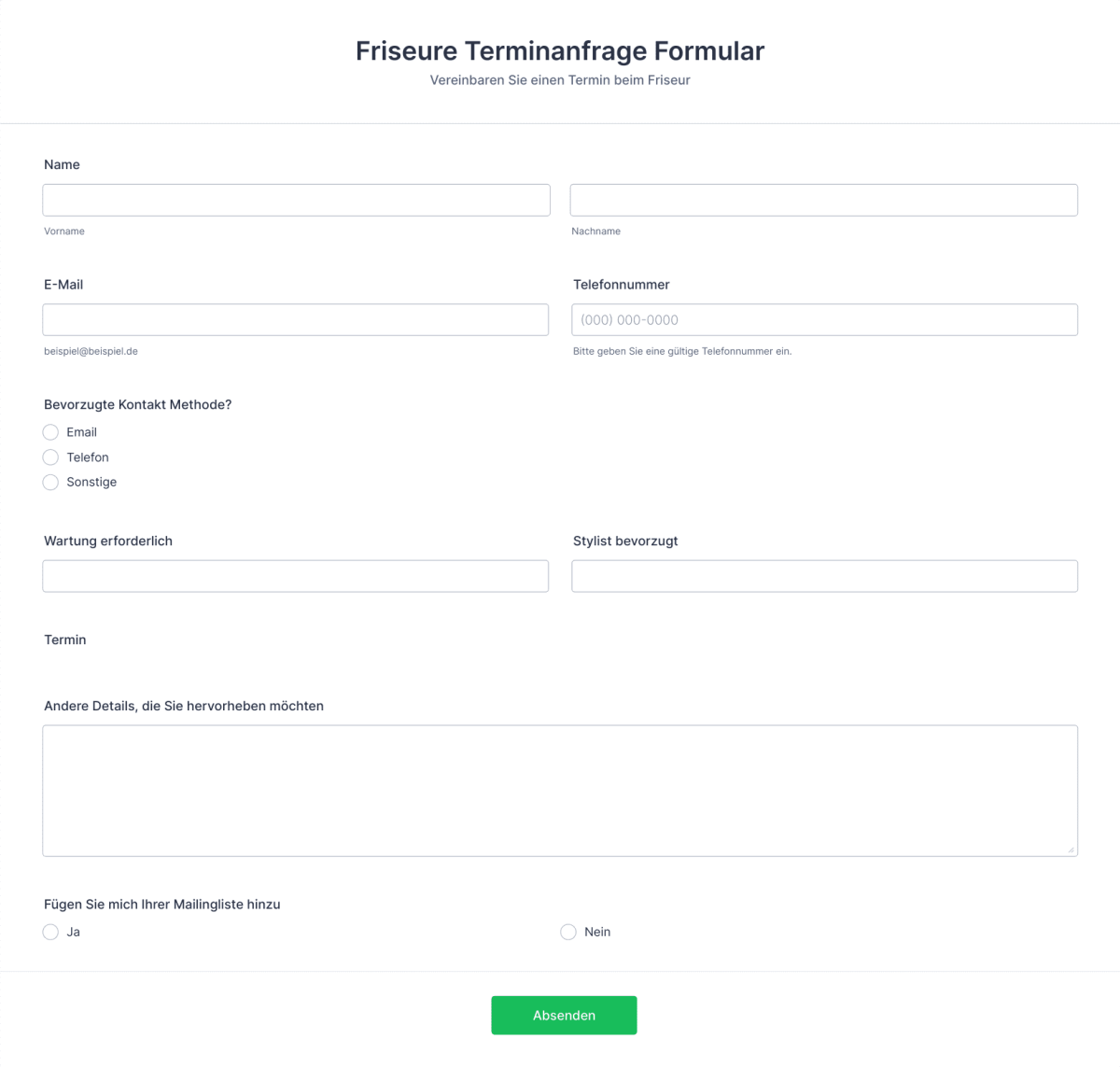 Friseure Terminanfrage Formular Formularvorlage | Jotform