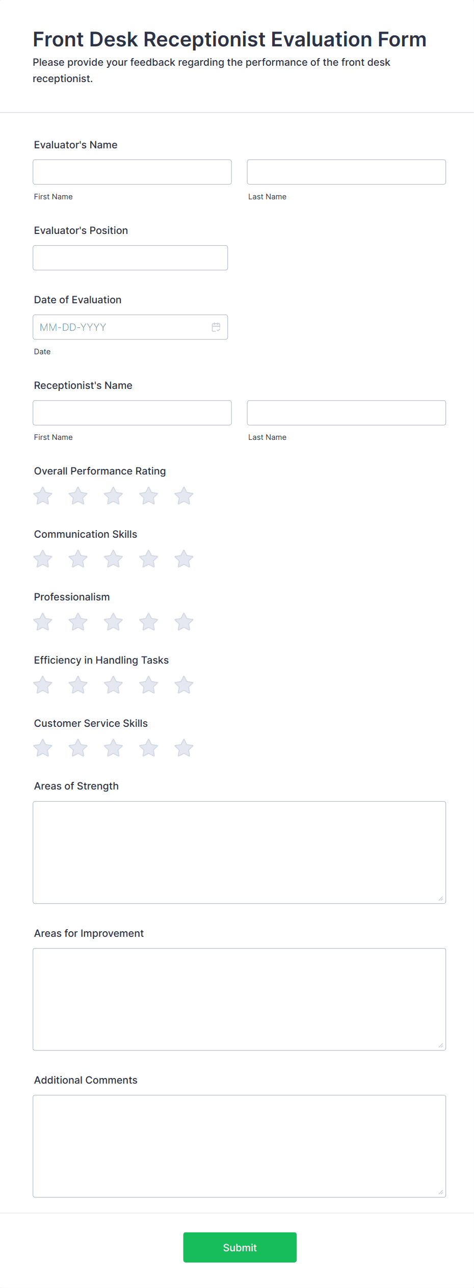Front Desk Receptionist Evaluation Form Template | Jotform