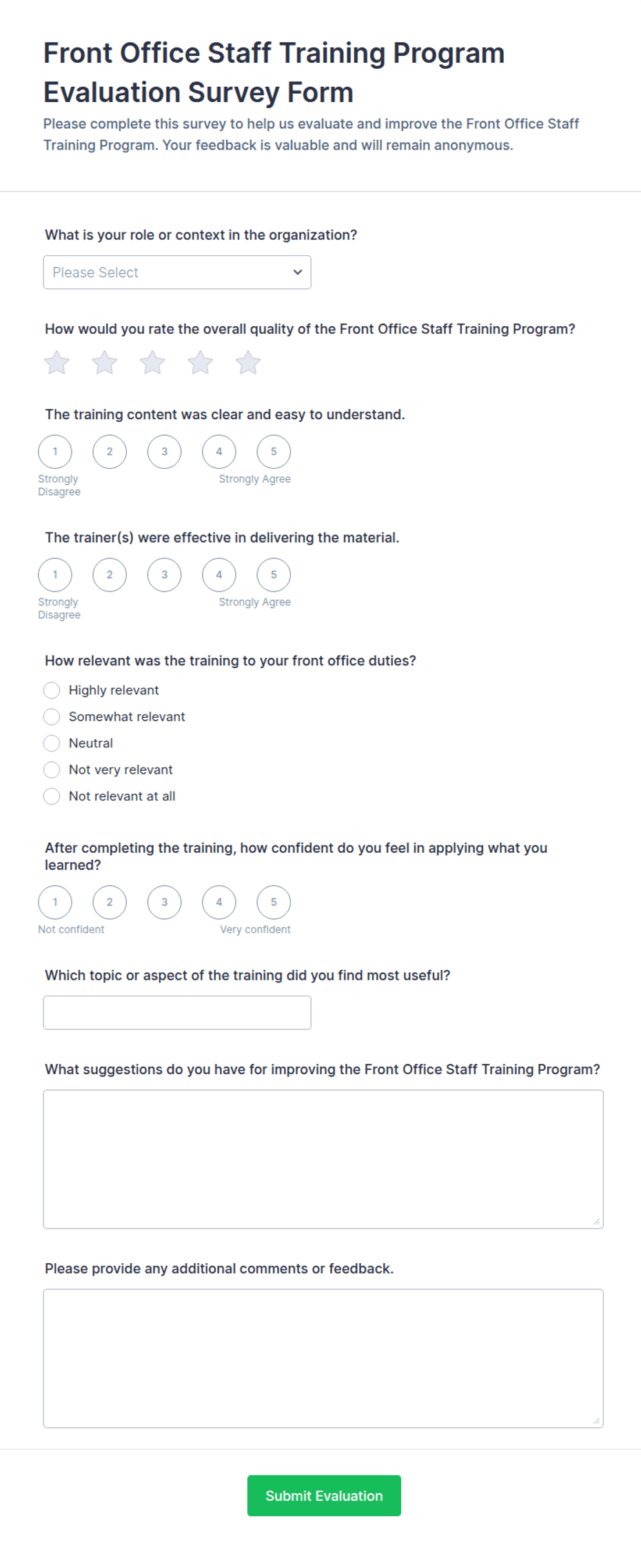 Front Office Staff Training Program Evaluation Form Template | Jotform