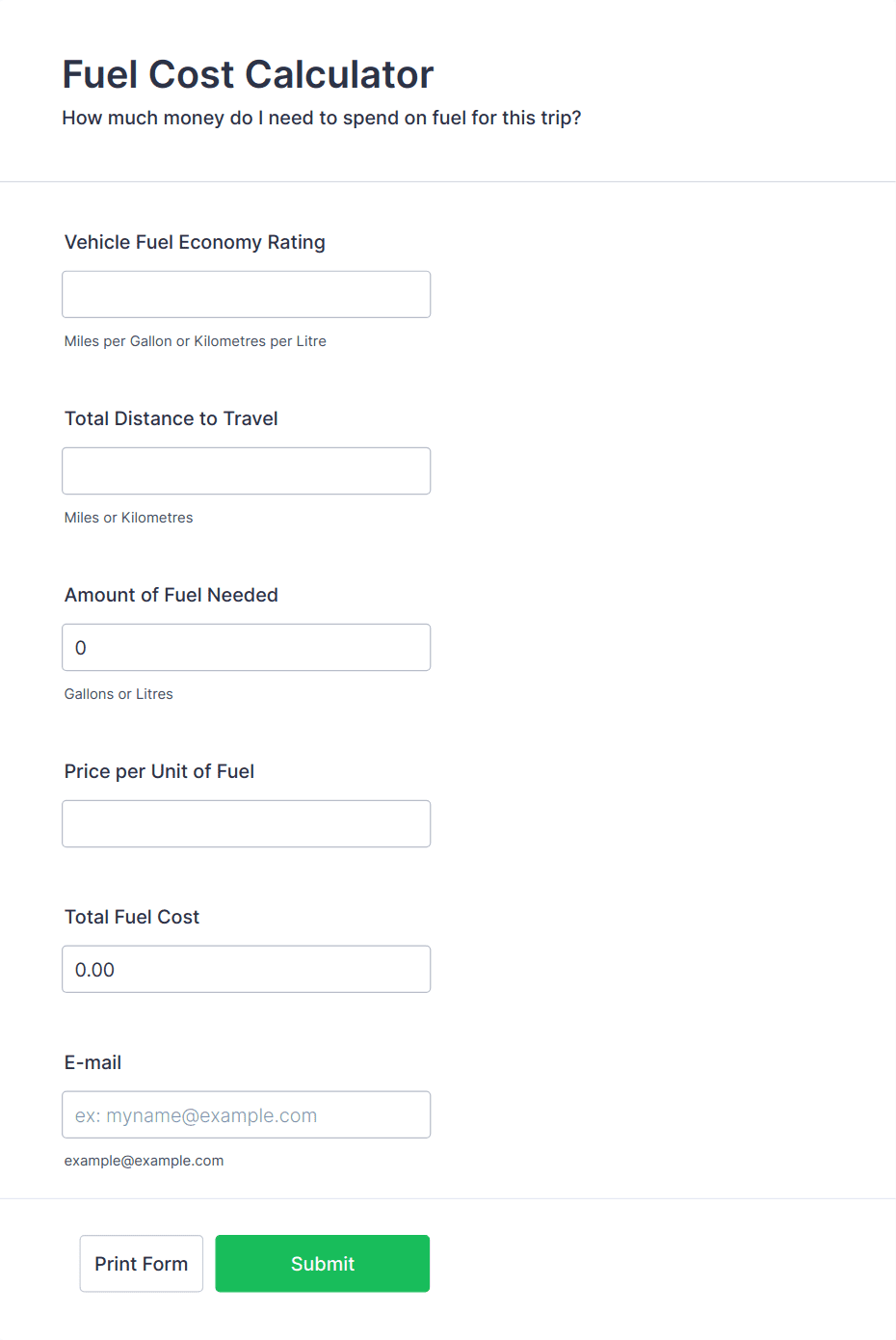 Fuel Cost Calculator Form Template | Jotform