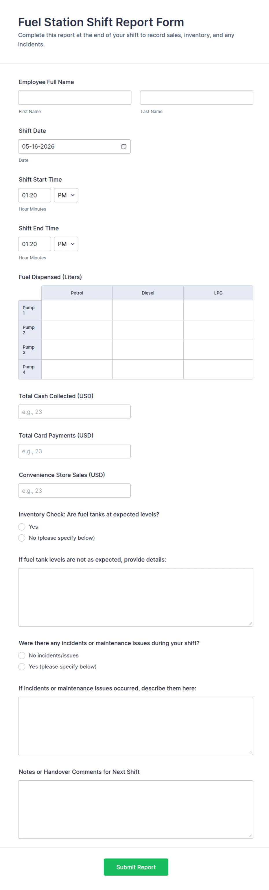 Fuel Station Shift Report Form Template | Jotform