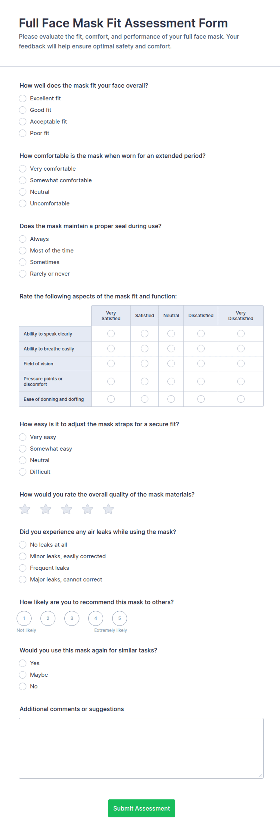 Full Face Mask Fit Assessment Form Template | Jotform