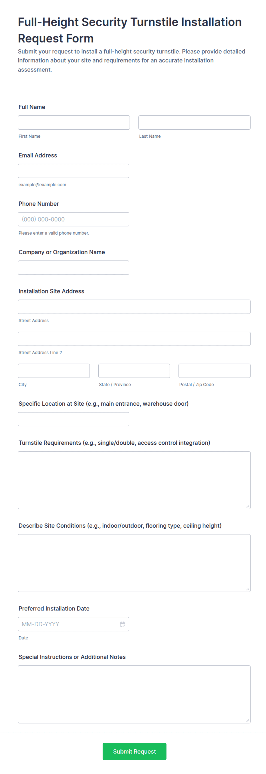 Full-Height Security Turnstile Installation Request Form Template | Jotform
