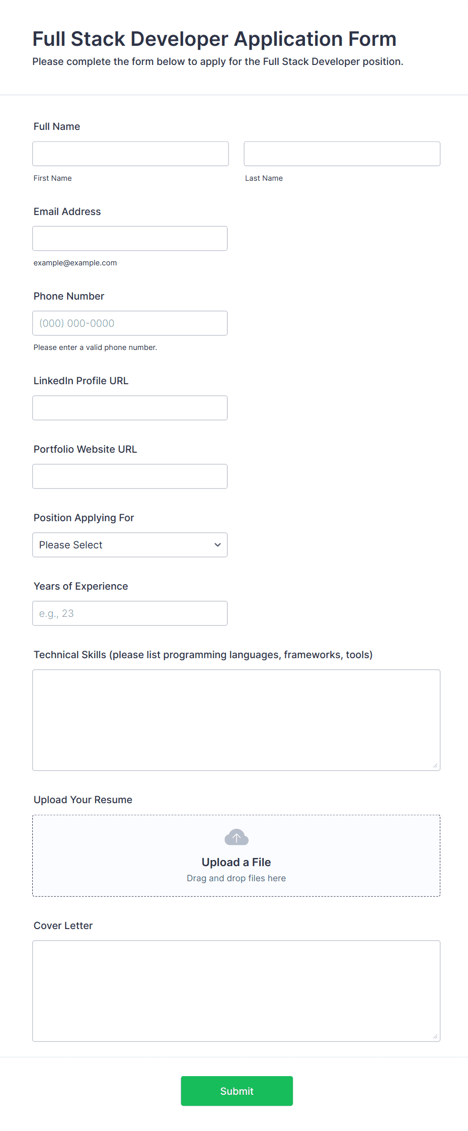 Full Stack Developer Application Form Template | Jotform