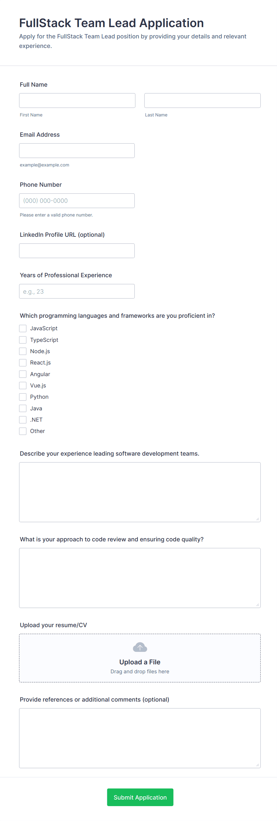 FullStack Team Lead Application Form Template | Jotform