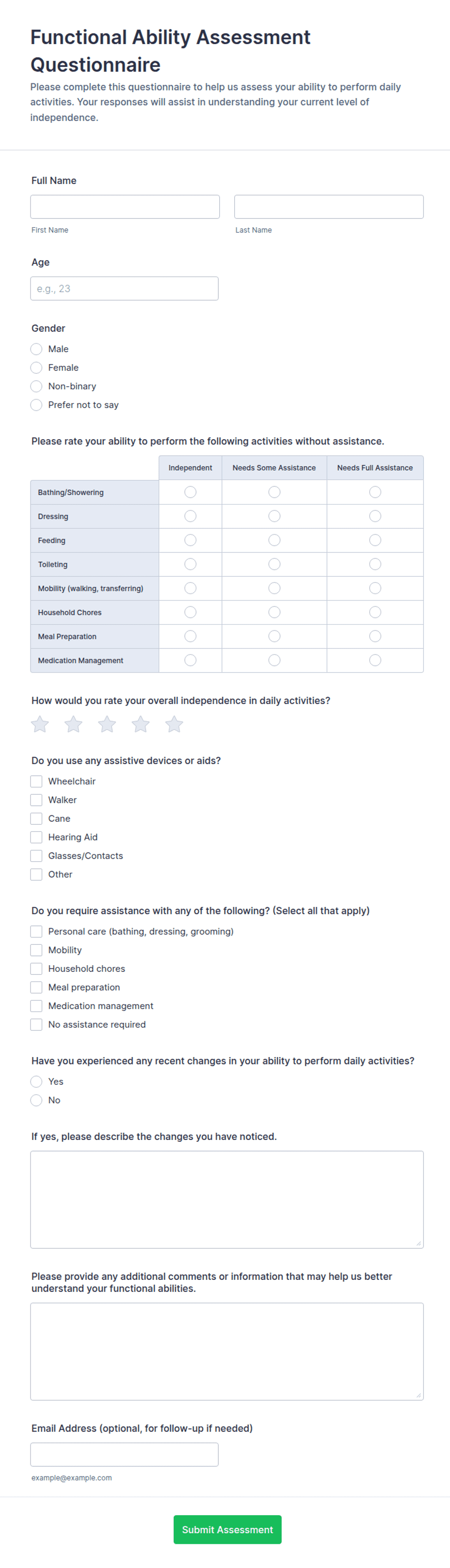 Functional Ability Assessment Questionnaire Form Template | Jotform