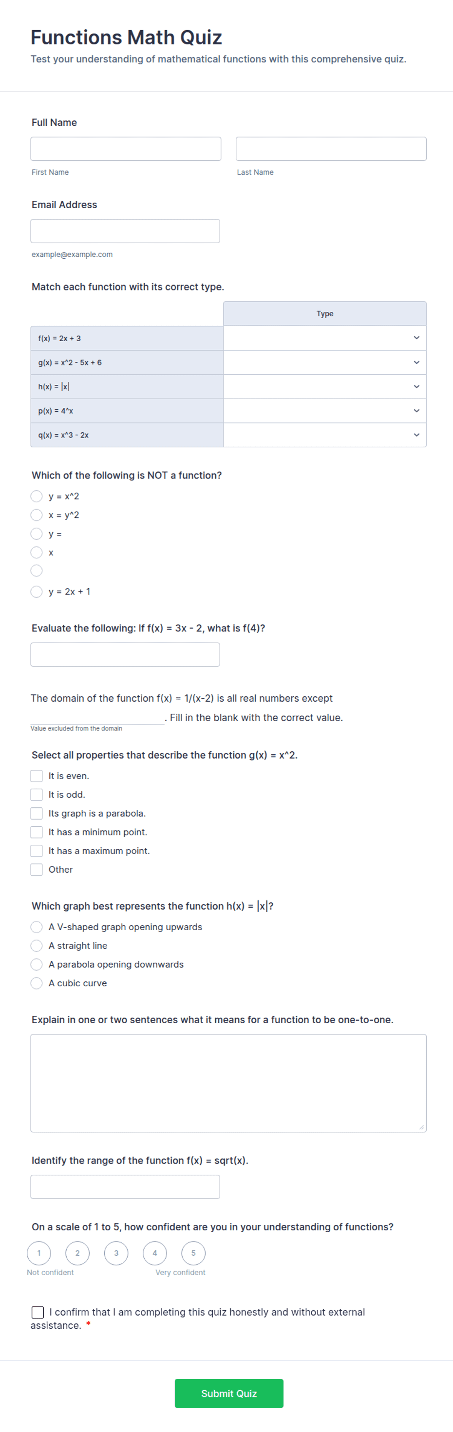 Functions Math Quiz Form Template | Jotform