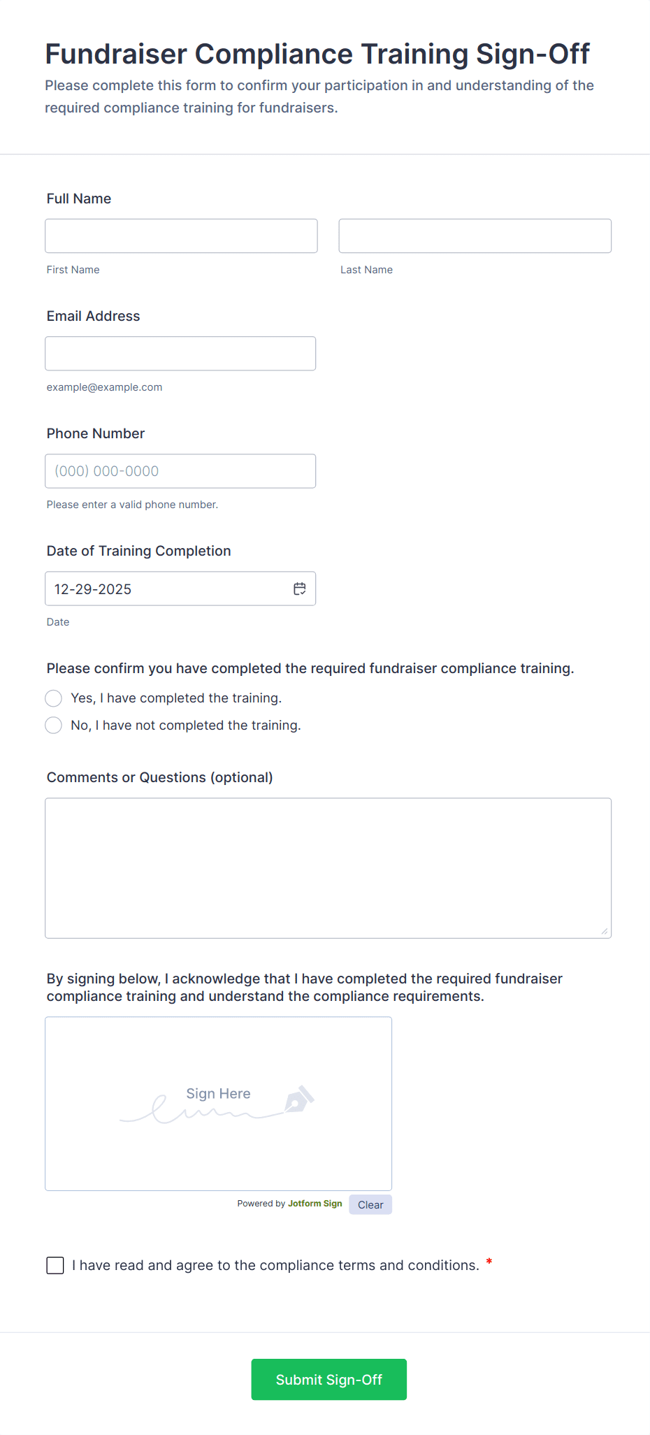 Fundraiser Compliance Training Sign-Off Form Template | Jotform