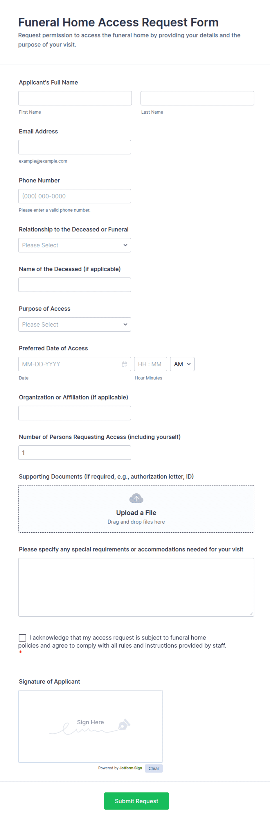 Funeral Home Access Request Form Template | Jotform