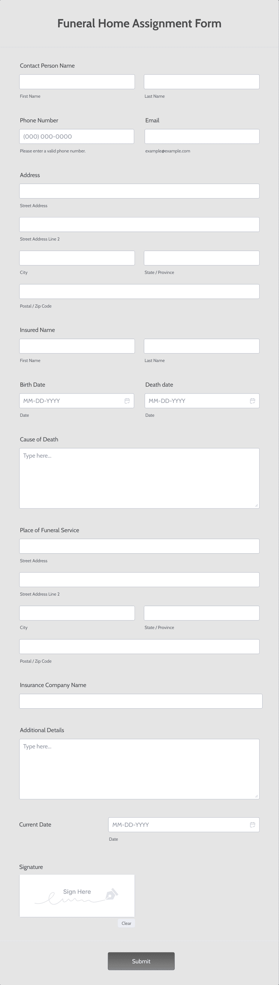 Funeral Home Assignment Form Template | Jotform