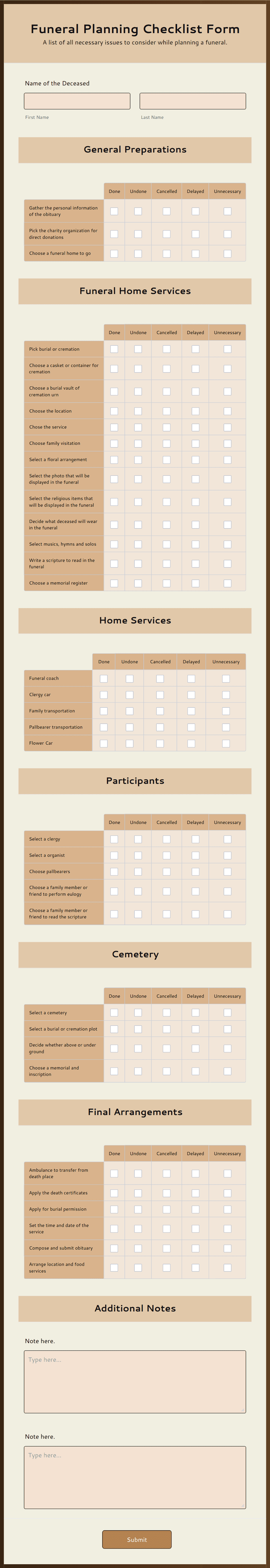 Funeral Planning Checklist Form Template | Jotform