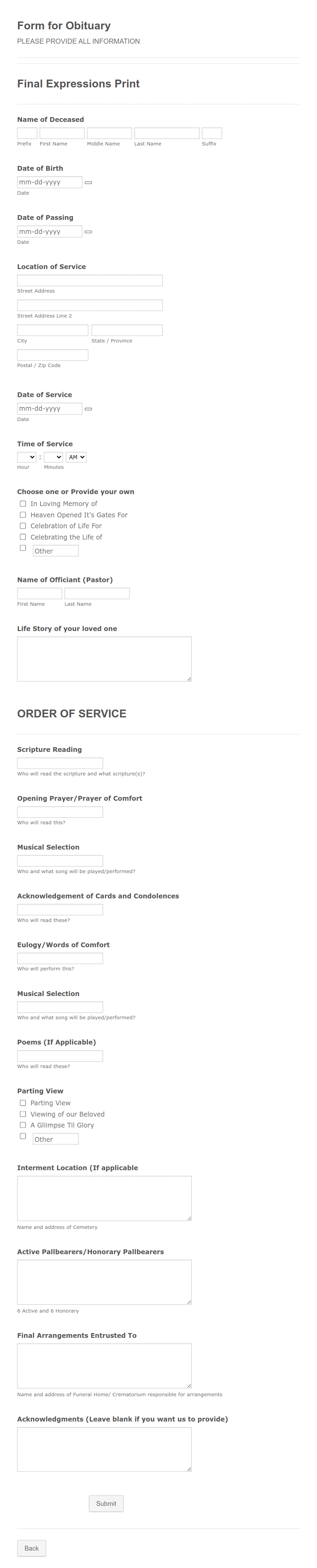 Funeral Program Questionnaire Form Template | Jotform