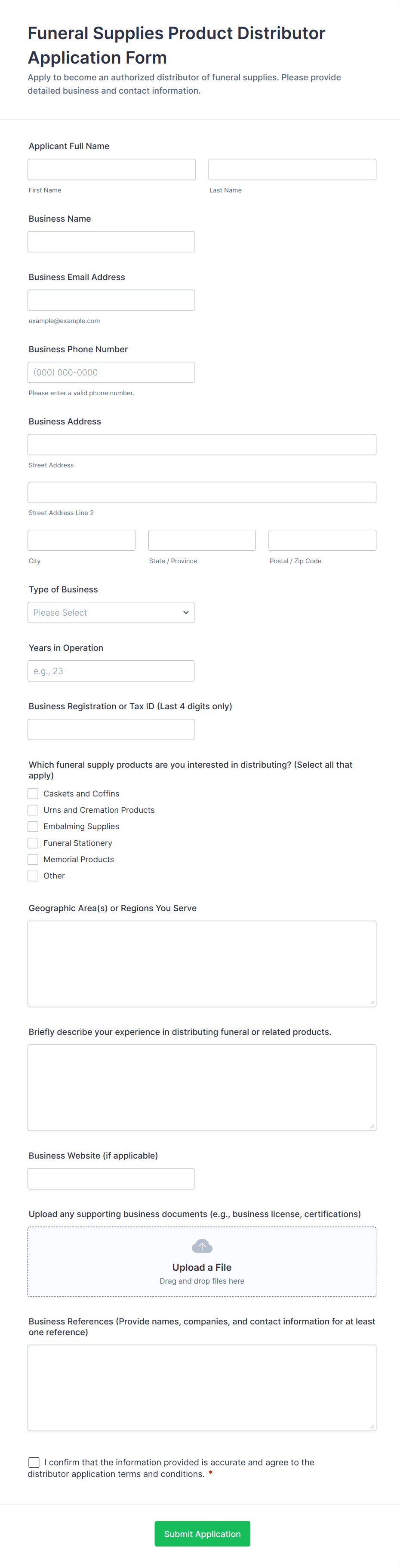Funeral Supplies Product Distributor Application Form Template | Jotform