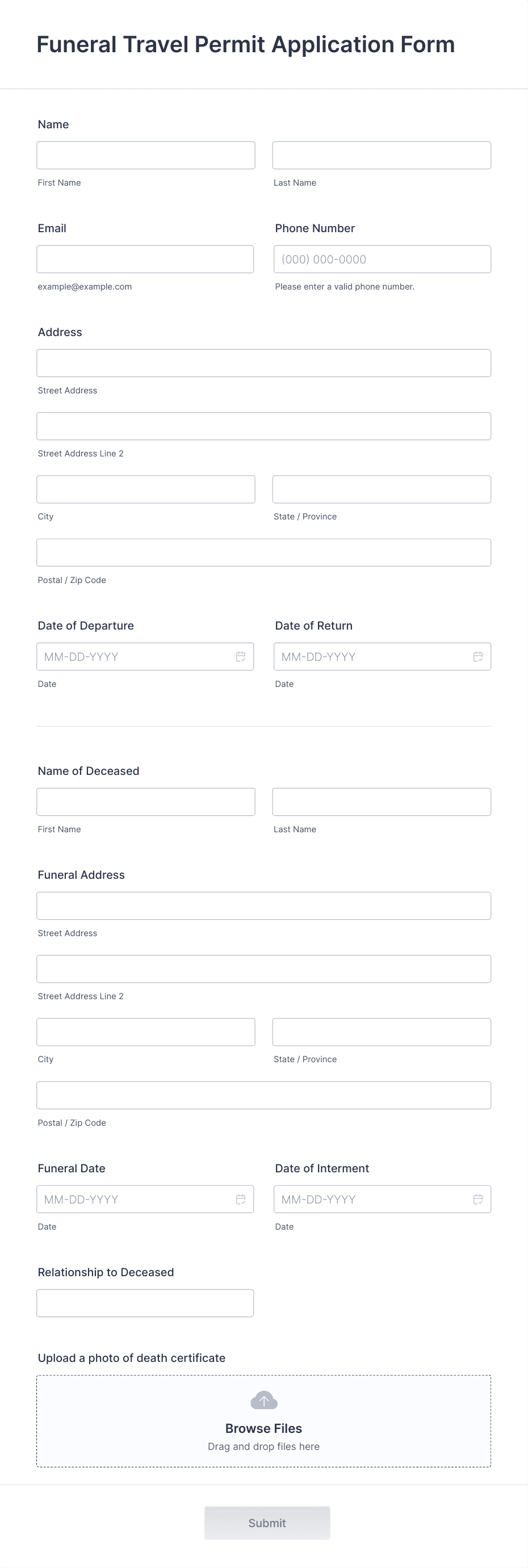Funeral Travel Permit Application Form Template | Jotform