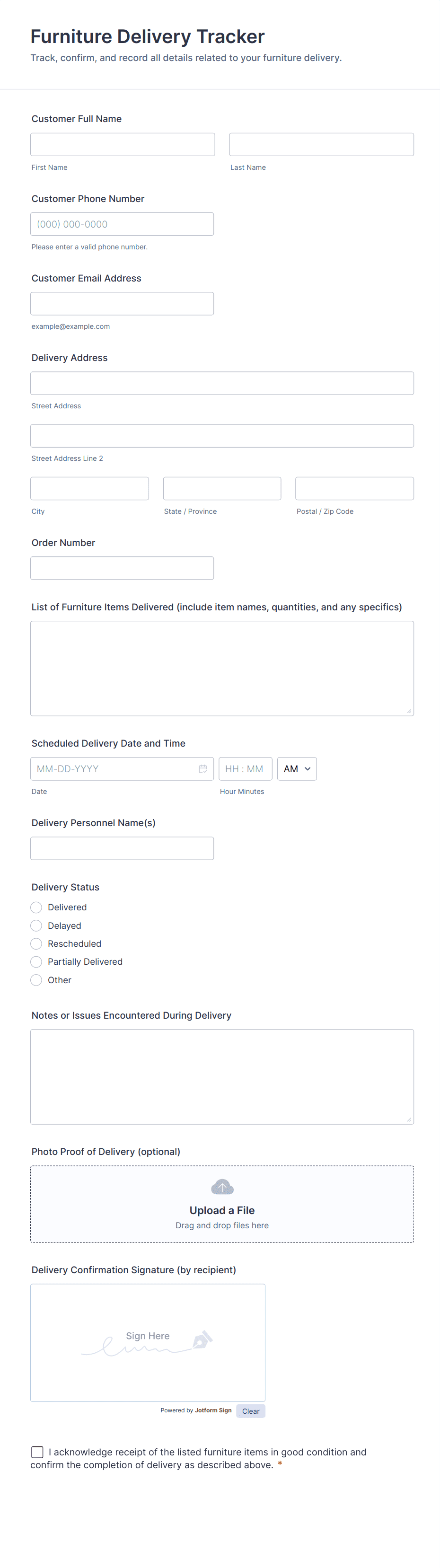 Furniture Delivery Tracker Form Template | Jotform