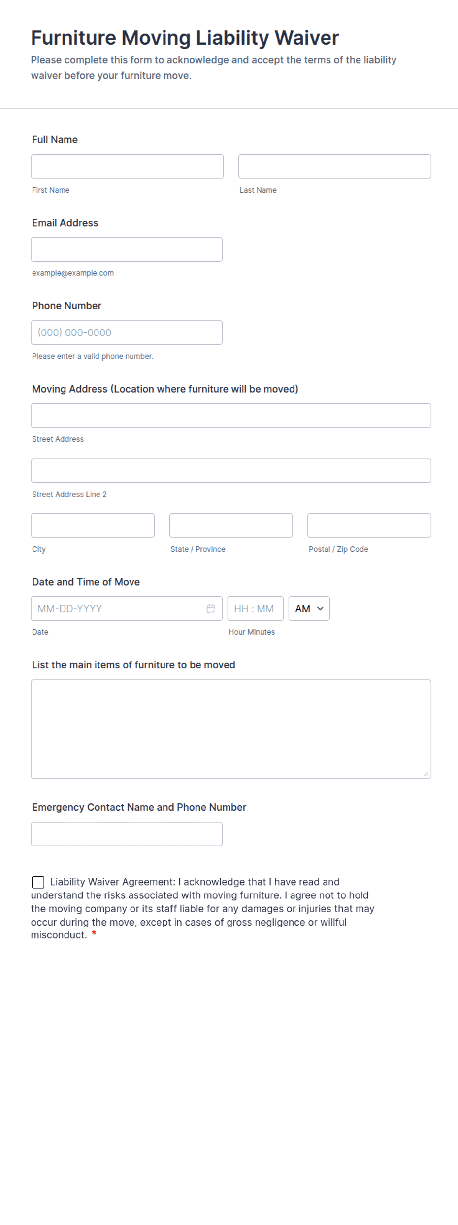 Furniture Moving Liability Waiver Form Template | Jotform
