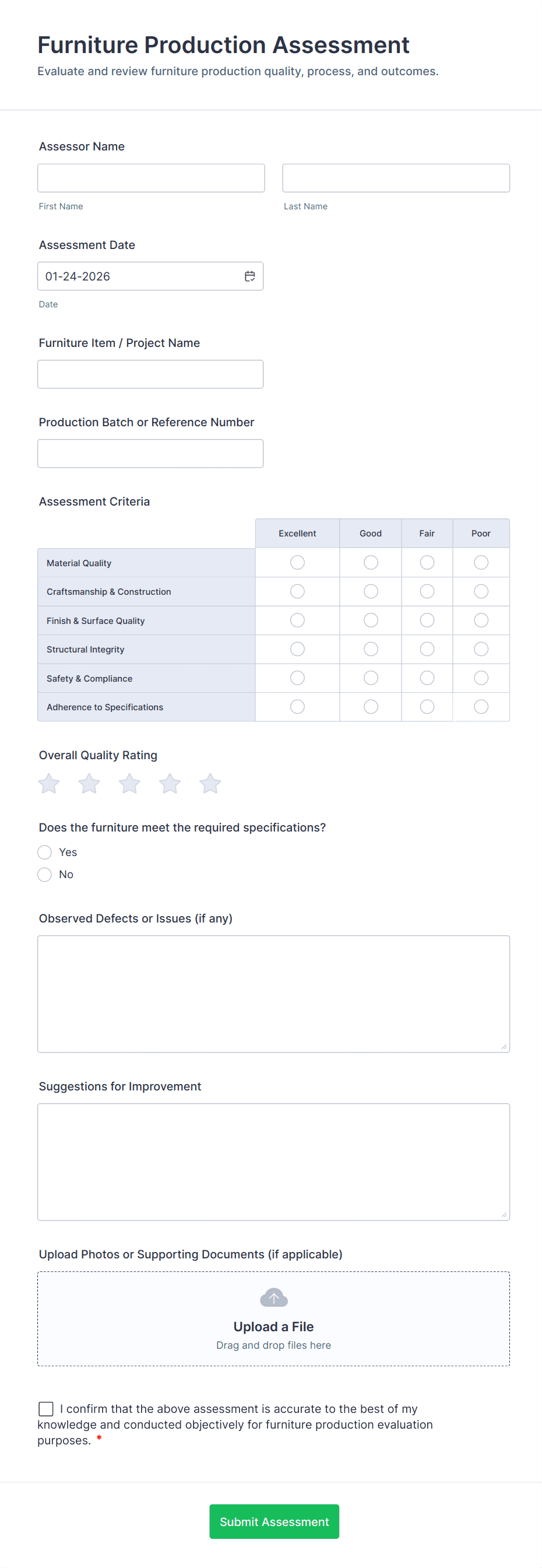 Furniture Production Assessment Form Template | Jotform