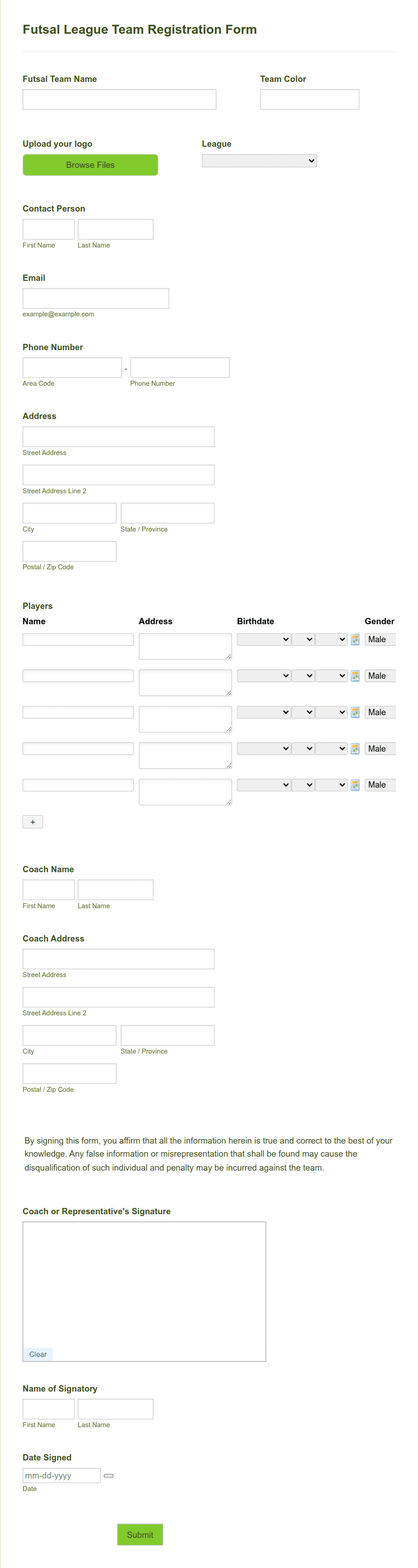 Futsal League Team Registration Form Template | Jotform