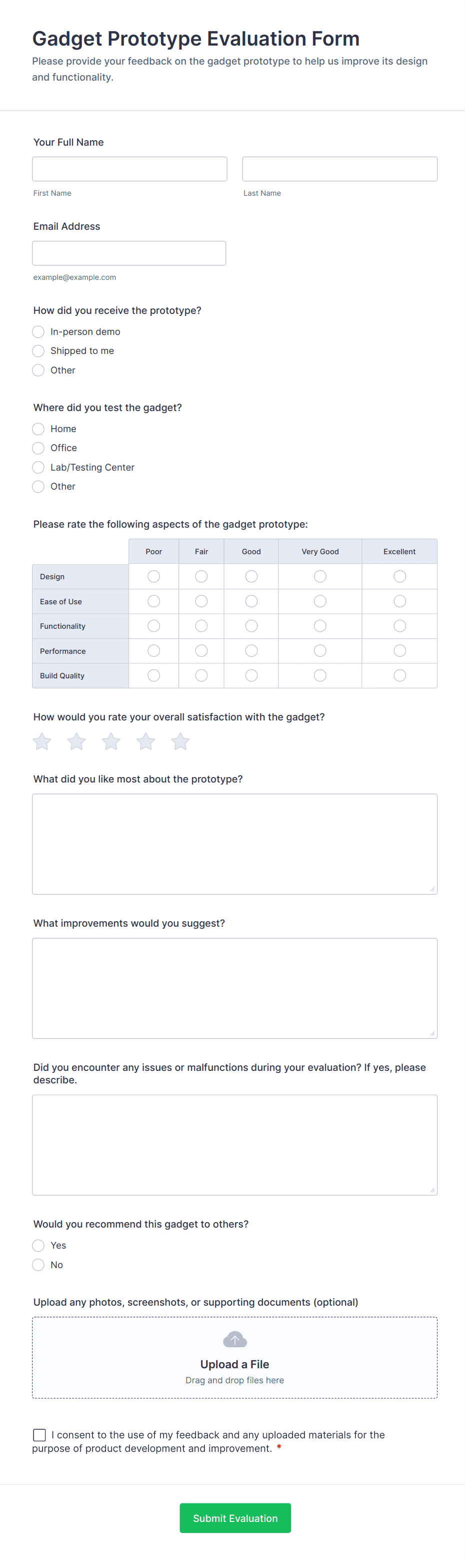 Gadget Prototype Evaluation Form Template | Jotform