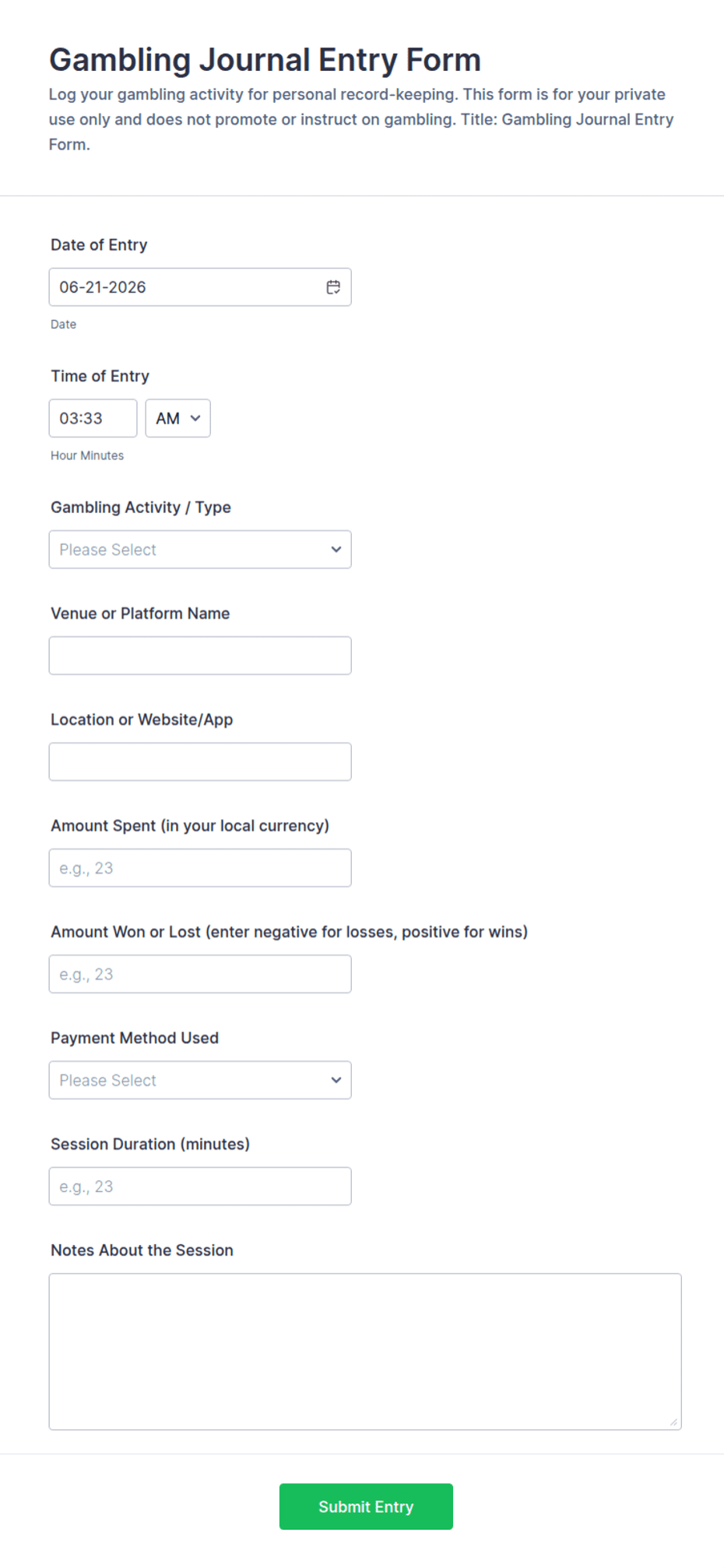 Gambling Journal Entry Form Template | Jotform