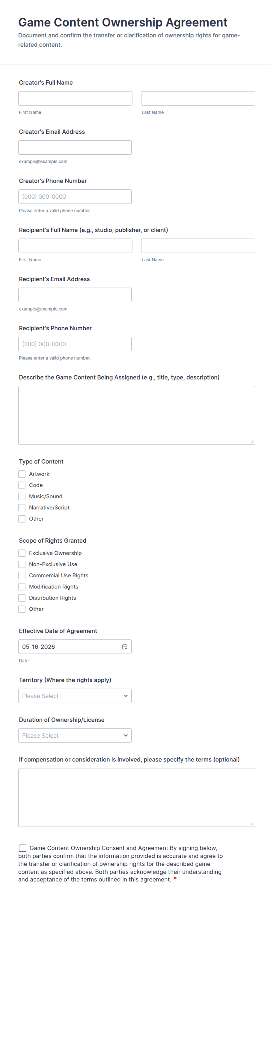 Game Content Ownership Agreement Form Template | Jotform