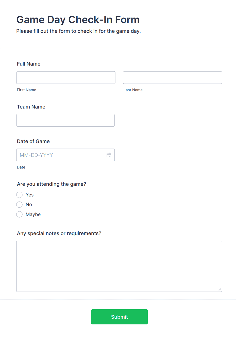 Game Day Check-In Form Template | Jotform