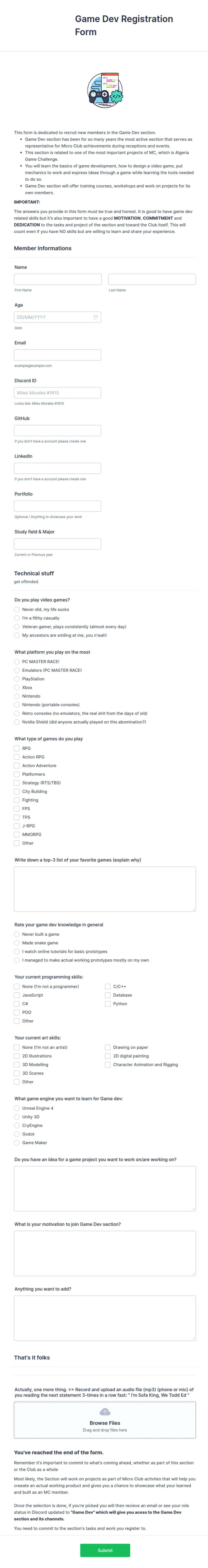 Game Dev Club Registration Form Template | Jotform