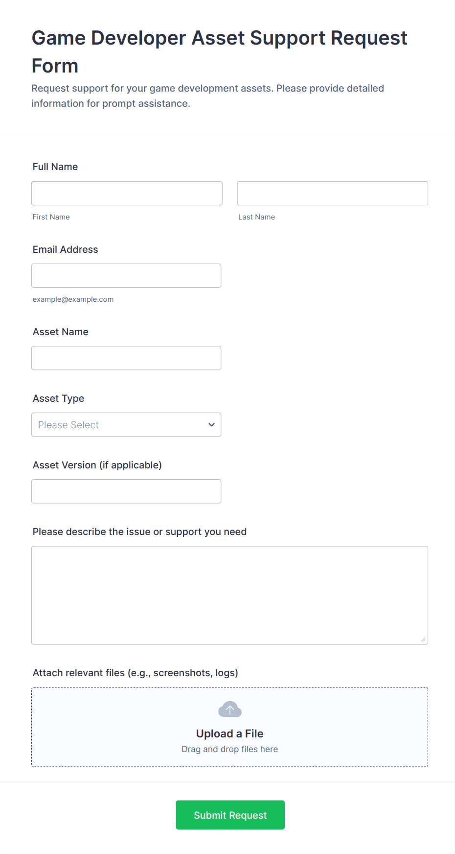 Game Developer Asset Support Request Form Template | Jotform