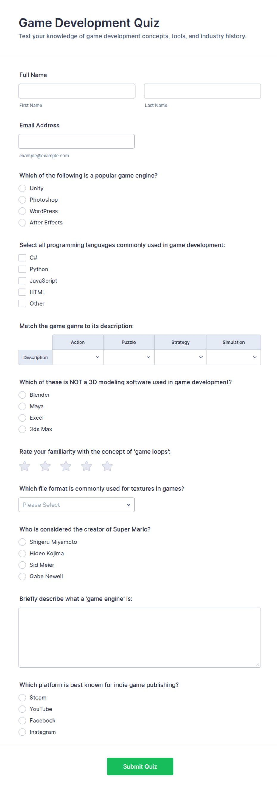 Game Development Quiz Form Template | Jotform
