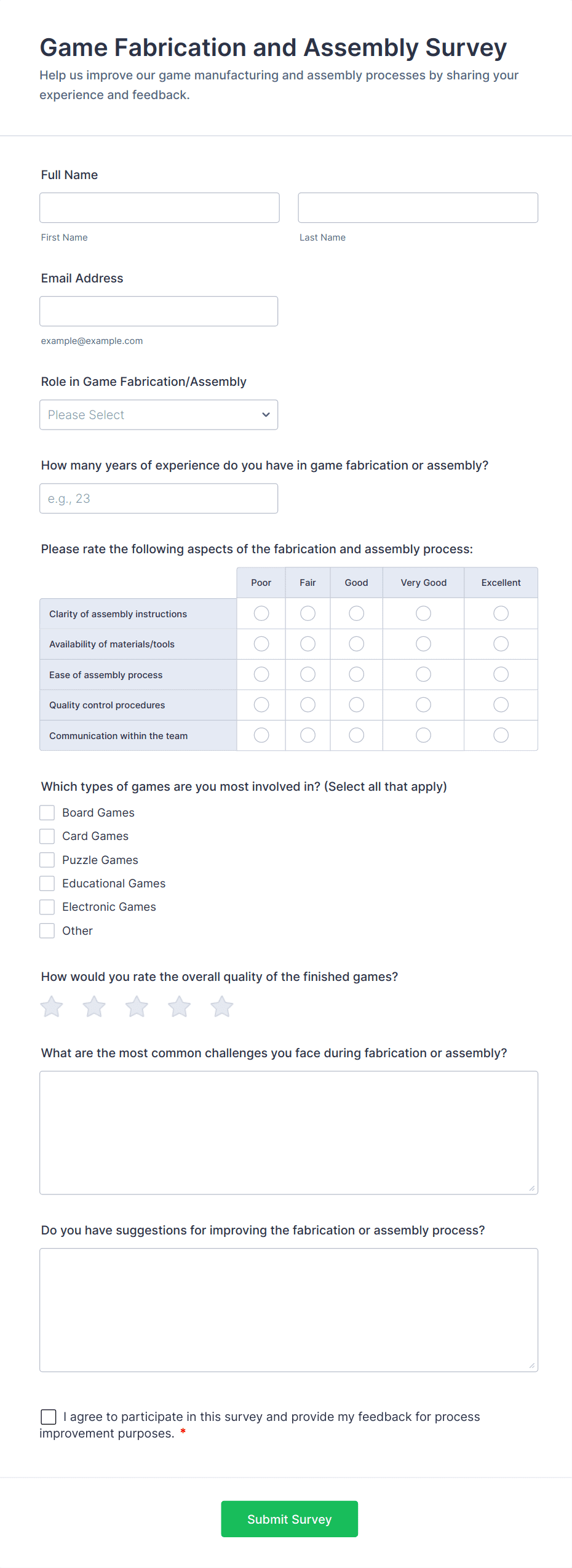Game Fabrication and Assembly Survey Form Template | Jotform
