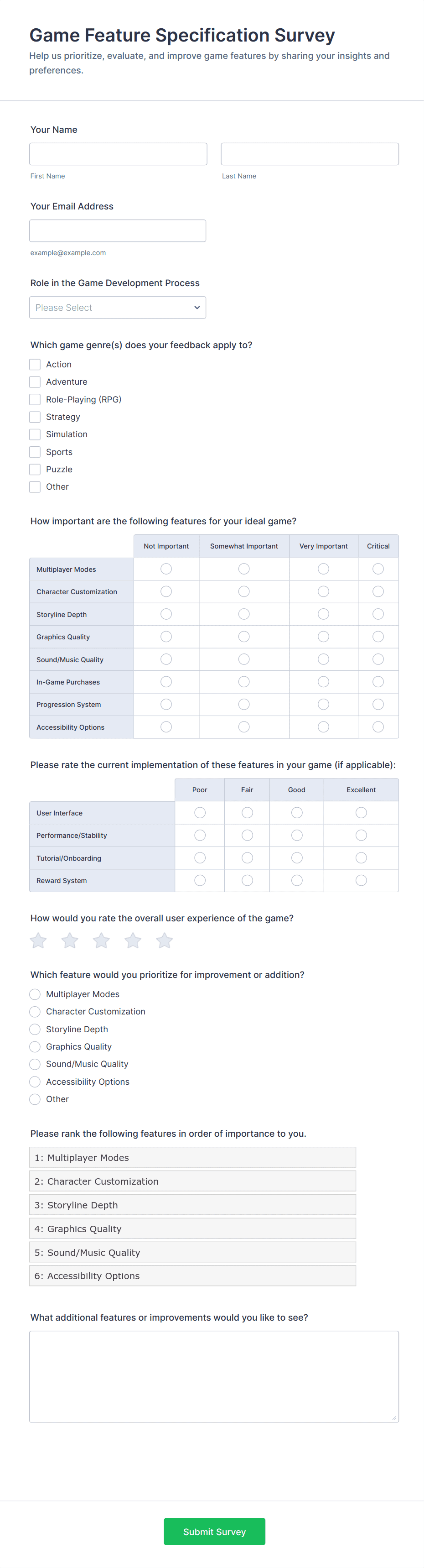 Game Feature Specification Survey Form Template | Jotform