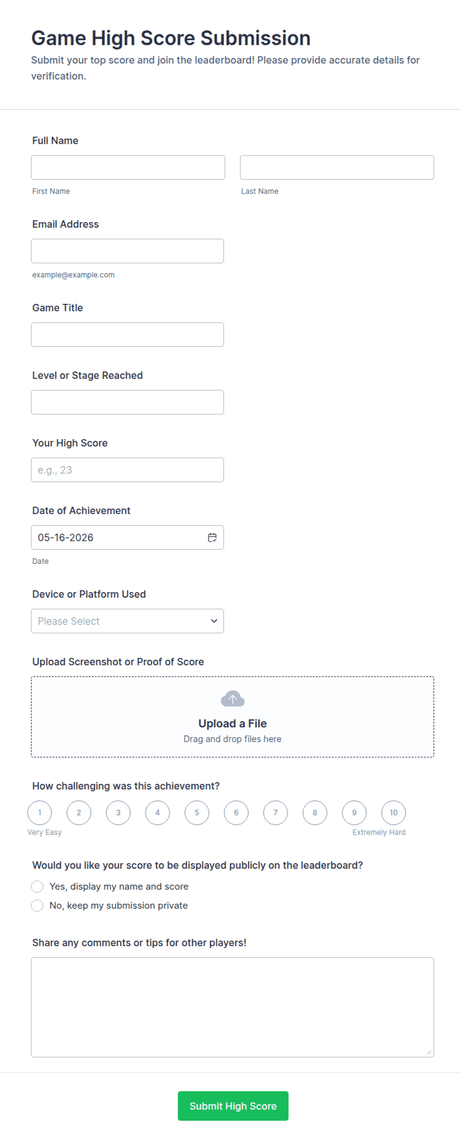 Game High Score Submission Form Template | Jotform