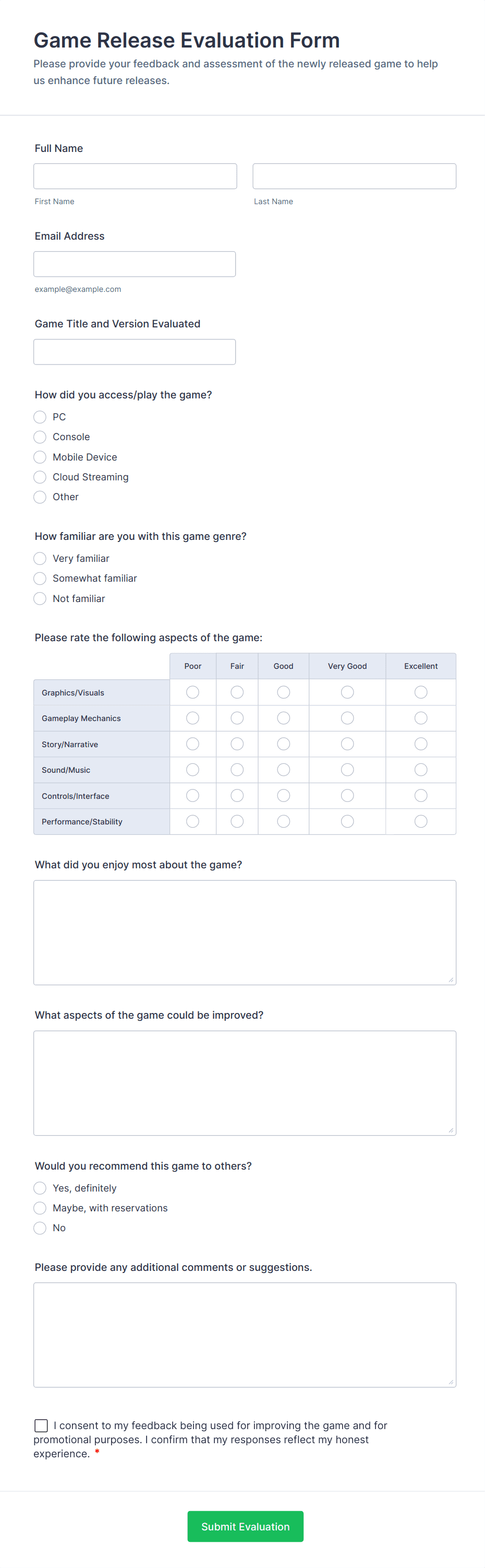 Game Release Evaluation Form Template | Jotform