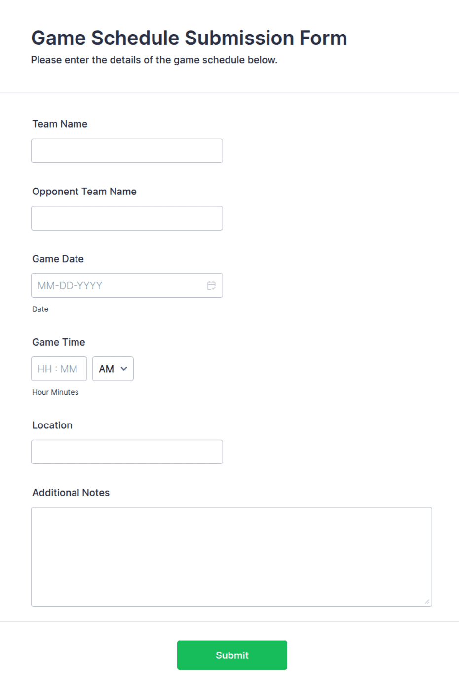 Game Schedule Submission Form Template | Jotform