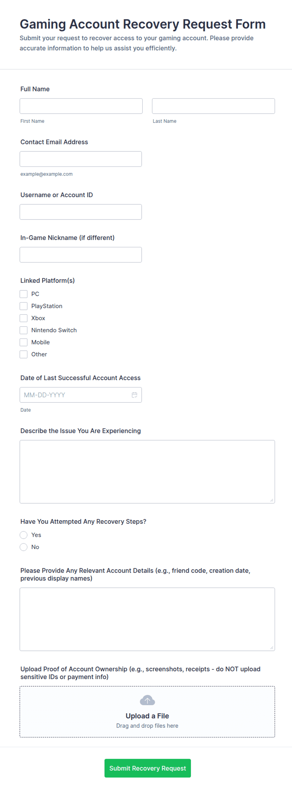Gaming Account Recovery Request Form Template | Jotform