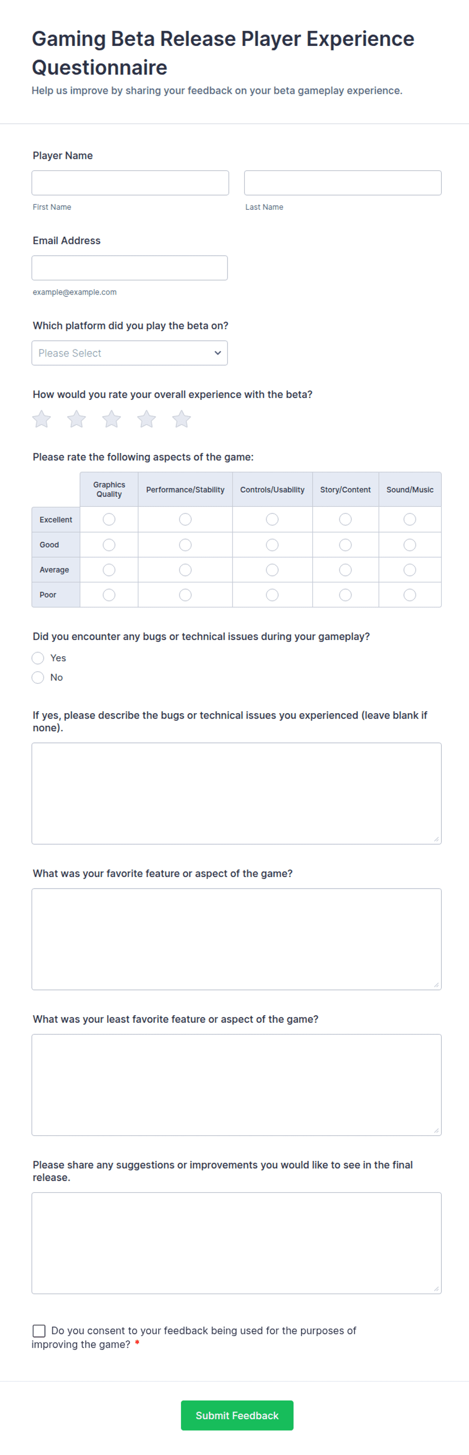 Gaming Beta Release Player Experience Questionnaire Form Template | Jotform